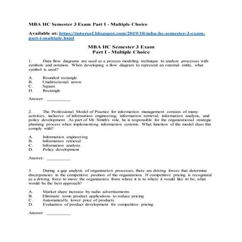 Mba hc semester 3 exam part i multiple choice | DOCX