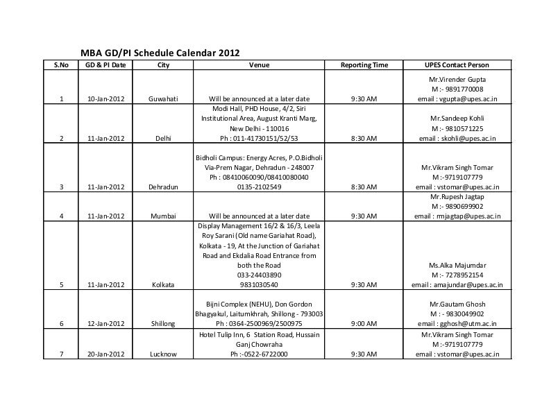 Mba tour plan with dates & venues