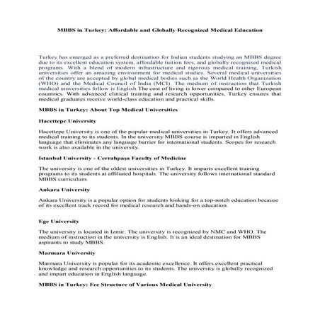 MBBS in Turkey: Affordable and Globally Recognized Medical Education | PDF