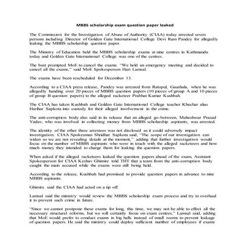MBBS scholarship exam question paper leaked. | DOCX