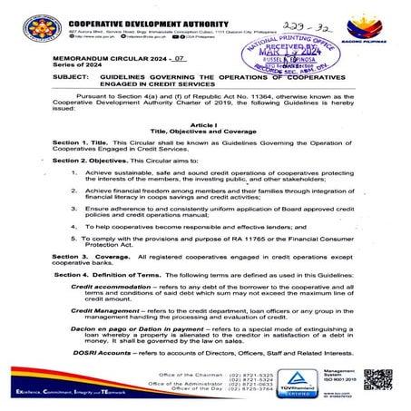 Guidelines governing the operation of cooperatives engaged in credit ...