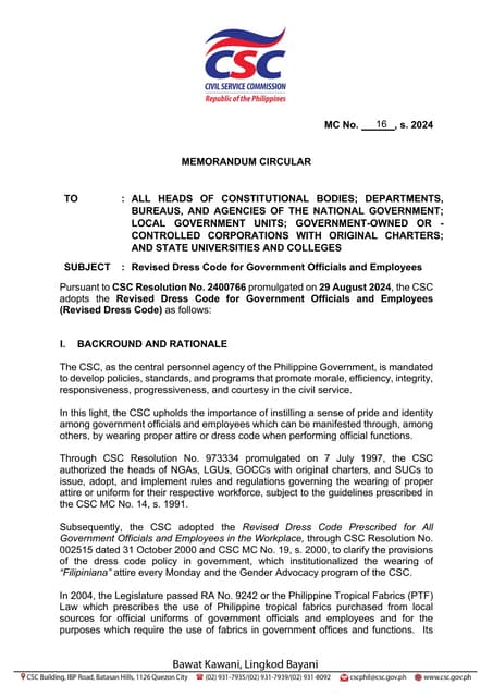 Dress Code in DepEd DepEd Memorandum No. 16, s. 2021 and CSC MC No. 19 ...