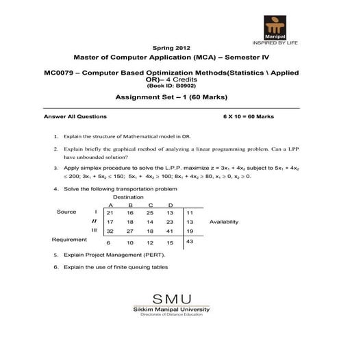 Mc0079 Computer Based Optimization Methodsstatistics Applied Or 2012