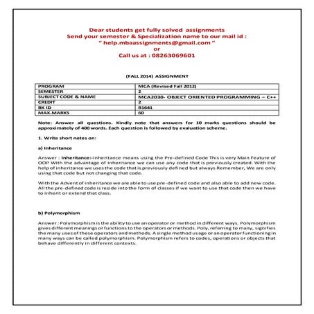 Mca2030 Object Oriented Programming C Docx Programming 