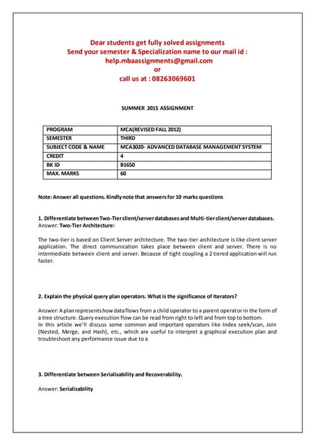 Mca3020 advanced database management system | PDF Mca3020 advanced database management system | PDF