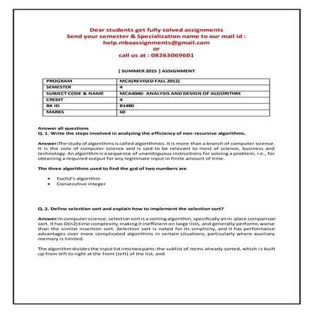 Mca 4040 analysis and design of algorithm | DOCX