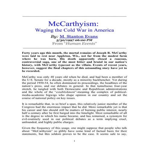 McCarthyism: Waging the Cold War in America | DOC | Civic affairs ...