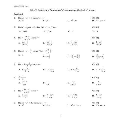 Mc Ex[1] 4 Unit 4 Formulae Polynomials And Algebraic Fractions Pdf