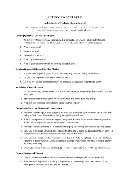Family Assessment Tool: Interview Schedule to understand the various ...