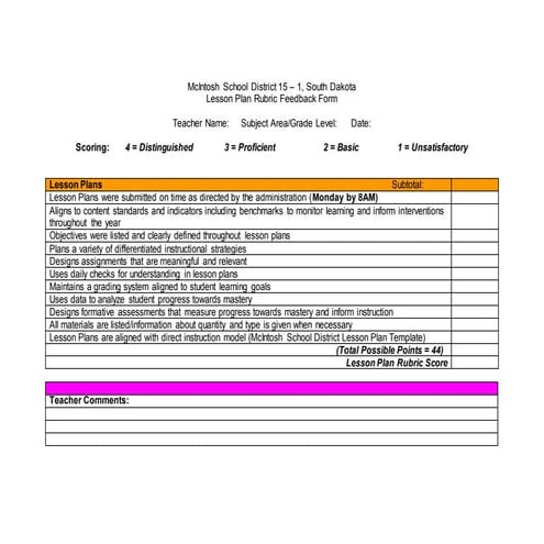 McIntosh School District 15 – 1 lesson plan feedback form | DOCX