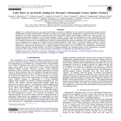 Lake Stars as an Earth Analog for Europa’s Manannán Crater Spider ...