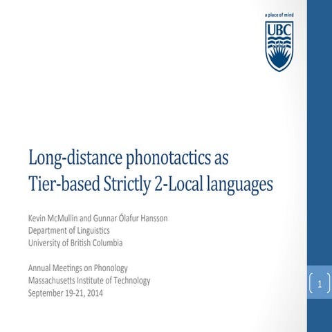 Long-distance phonotactics as Tier-based Strictly 2-Local languages | PPT