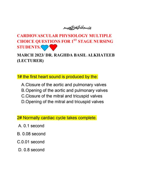 Cardiovascular system Anatomy MCQs and BCQs | DOCX