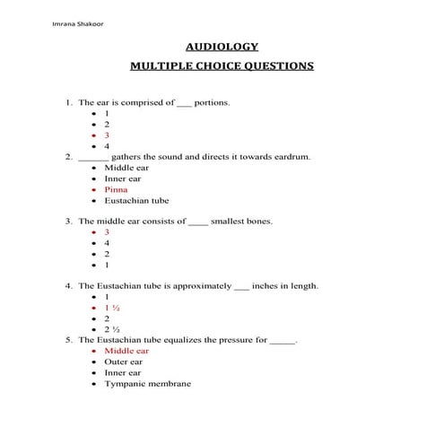 Multiple choice questions for Audiology & hearing issues | DOCX