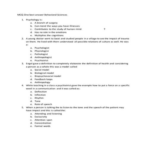 Mcq one best answer behavioral sciences | DOCX