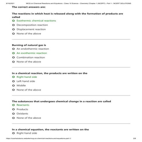 MCQ on Chemical Reactions and Equations PDF | PDF