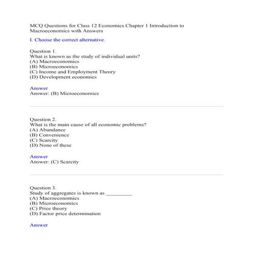 MCQ Questions for Class 12 Economics Chapter 1 Introduction to ...