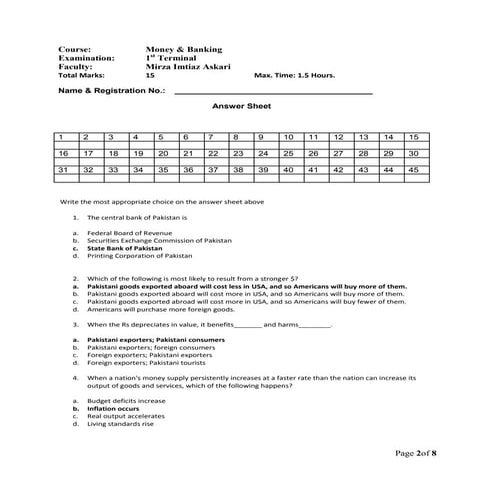 Mcqs on money & banking with solution | DOCX