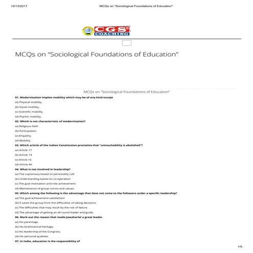 MCQs on “sociological foundations of education” DSSSB PRT | PDF