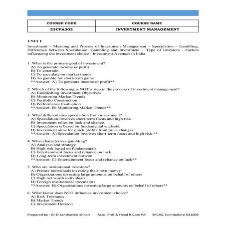 Investment Management Unit 1 Multiple choice Questions | DOCX