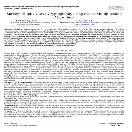 Survey Elliptic Curve Cryptography Using Scalar Multiplication Algorithms Pdf 