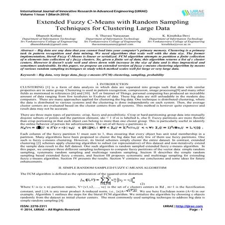 Extended Fuzzy C Means With Random Sampling Techniques For Clustering Large Data Pdf
