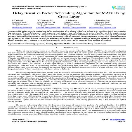 Delay Sensitive Packet Scheduling Algorithm For Manets By Cross Layer Pdf 7891