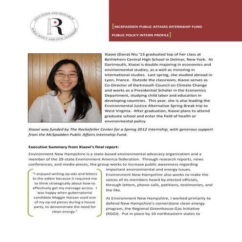 Named Internship Profile Summary - Xiaoxi "Dana" Niu (McSpadden) | PDF