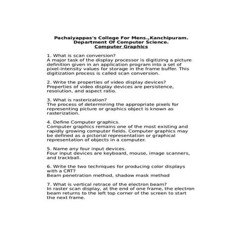 Computer Graphics Short Questions | PDF