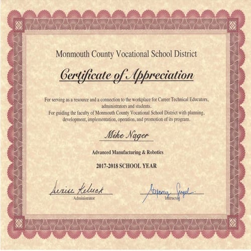Certificate of Appreciation Monmouth County Vocational School District ...