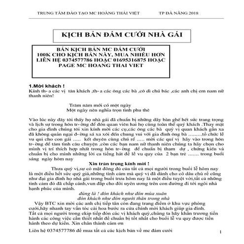 kịch bản mc lễ vu quy nhà gái (bán kịch bản) | PDF