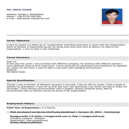Rangpur Bangladeshi Seeks New Career Challenge Pdf