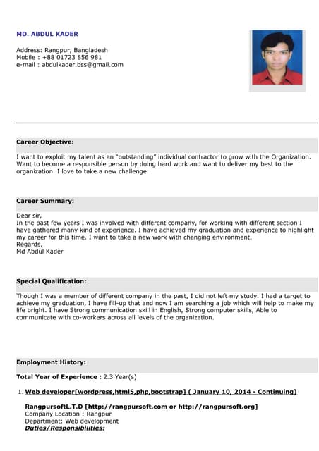 Rangpur Bangladeshi Seeks New Career Challenge Pdf