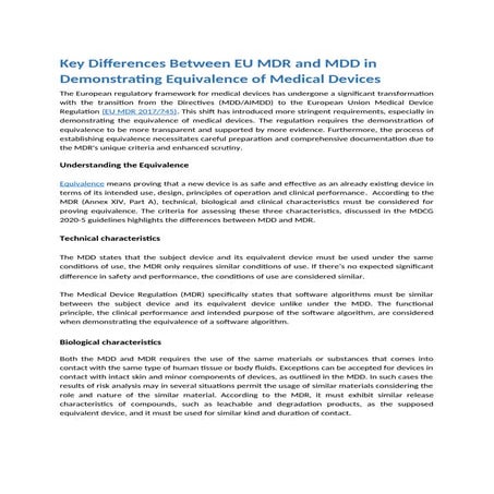 Key Differences Between EU MDR and MDD in Demonstrating Equivalence of ...