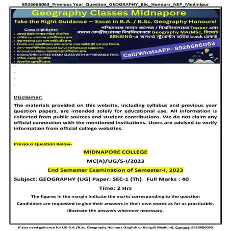 Midnapore College Geography Honours Previous Year Question Papers ...