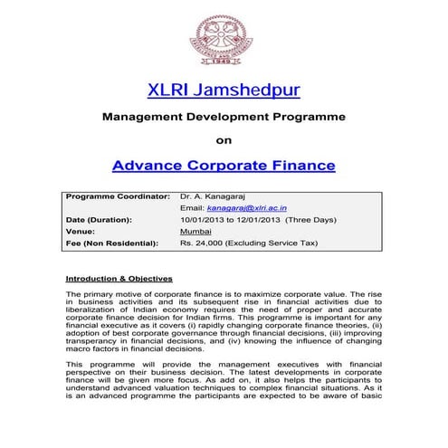 MDP on Advance Corporate Finance | PDF