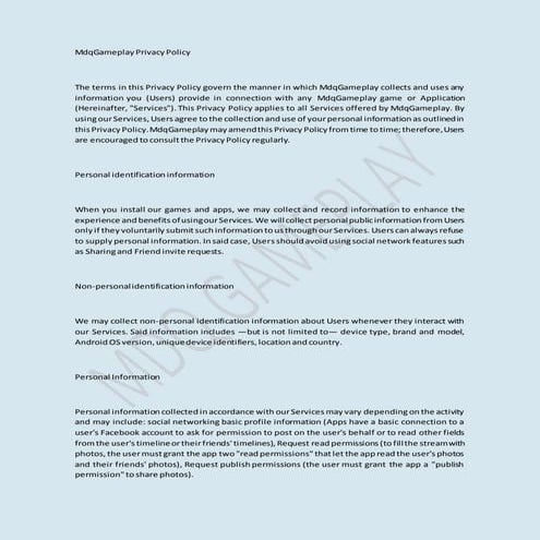 Mdq gameplay privacy policy | PDF
