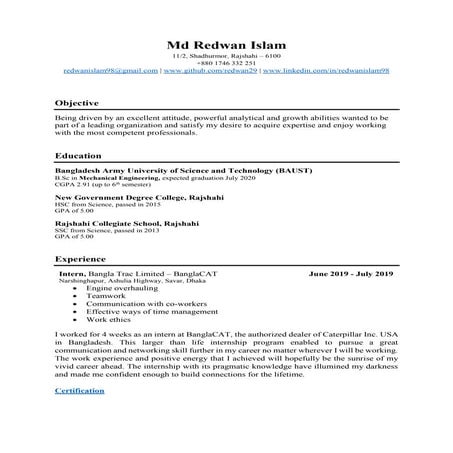 Md redwan islam (cv) | PDF | Undergraduate Education | College Education