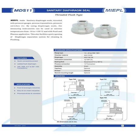 MDS11 Sanitary Diaphragm Seal - Threaded Flush Type | Miepl | PPTX