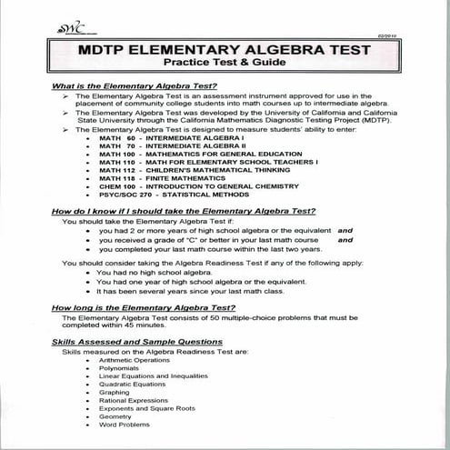MDTP Algebra Test - Practice Test & Guide | PDF