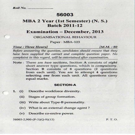 Organisational Behaviour MBA Question Paper | PDF