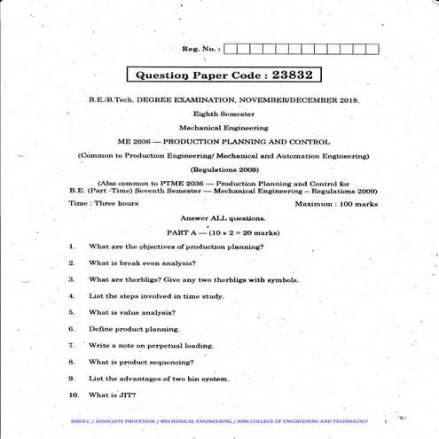 Me2036 PRODUCTION PLANNING AND CONTROL | PDF