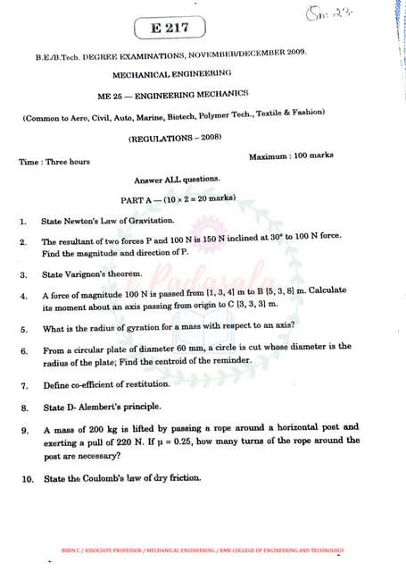 Mv 305 engineering mechanics anna university april may 2004 - solved ...