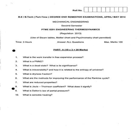 ME6301 ENGINEERING THERMODYNAMICS ANNA UNIVERSITY QUESTION PAPER may ...