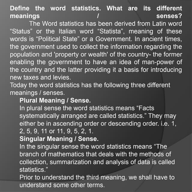 What are the different Senses / Meanings of the Word Statistics | PPTX