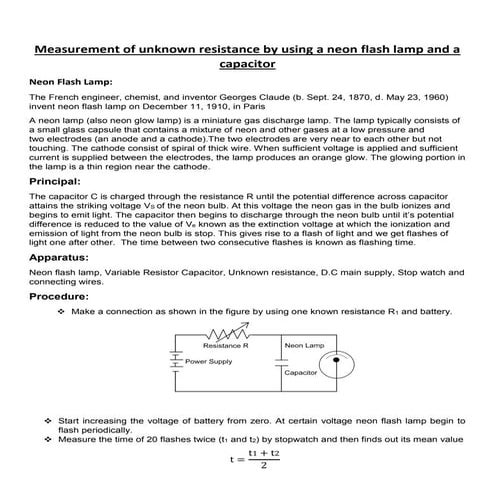 Measurement of unknown resistance by using a neon flash lamp and a ...