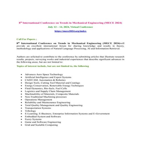 8th International Conference on Trends in Mechanical Engineering (MECE 2024) | PDF
