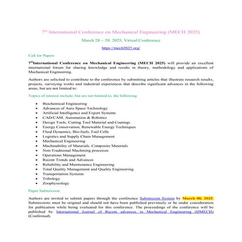 7th International Conference on Mechanical Engineering (MECH 2025) | PDF