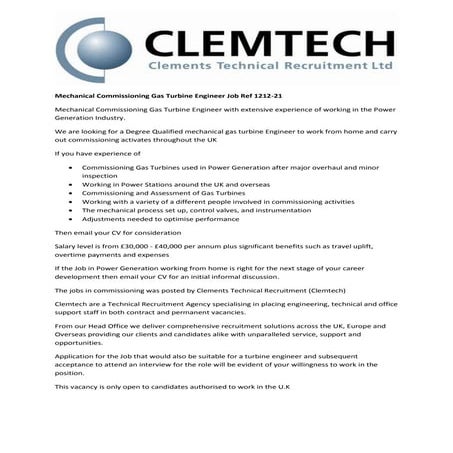 Mechanical commissioning gas turbine engineer job ref 1212 21 | PDF