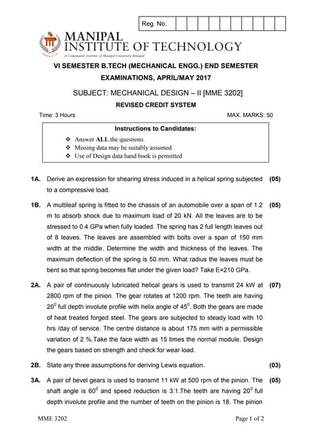 Mechanical design ii (mme 3202) rcs (makeup) | PDF